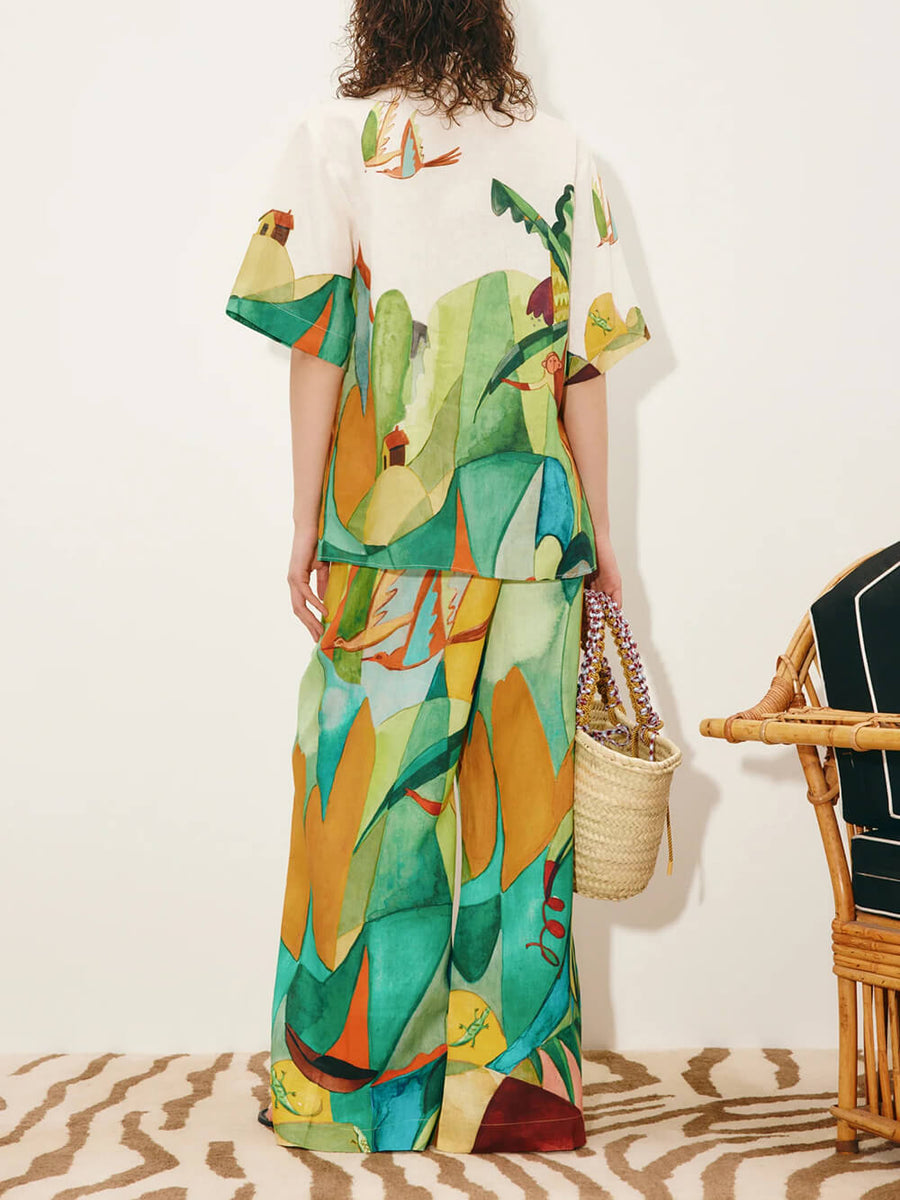 Unique Modern Linen Abstract Print Button-Up Shirt And Loose Wide-Leg ...