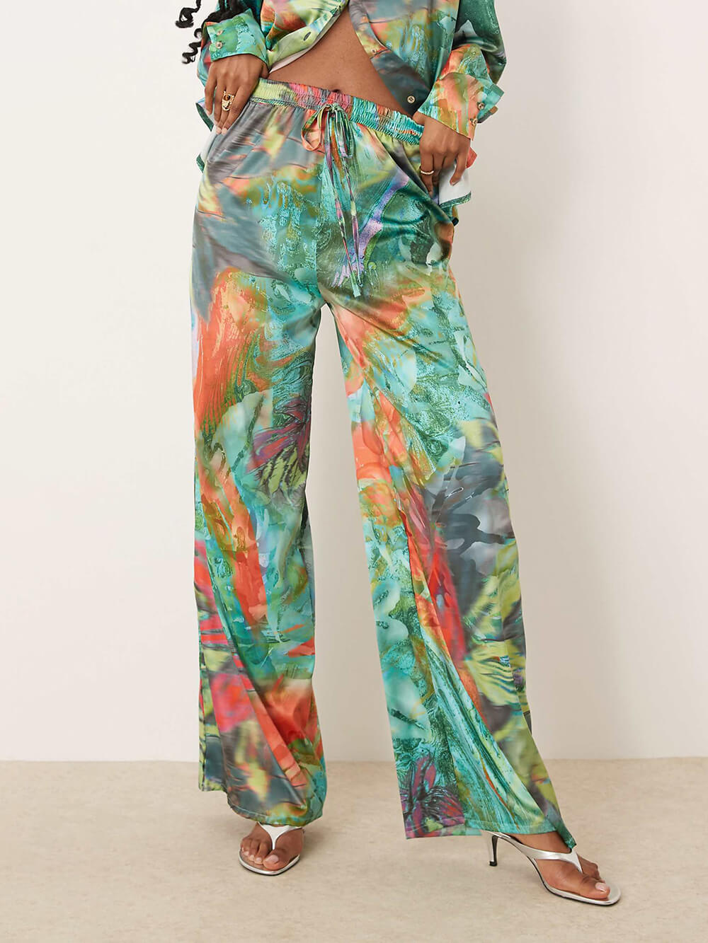 Unique Satin Oil Painting Print Elastic Waist Loose Wide-Leg Pants ...