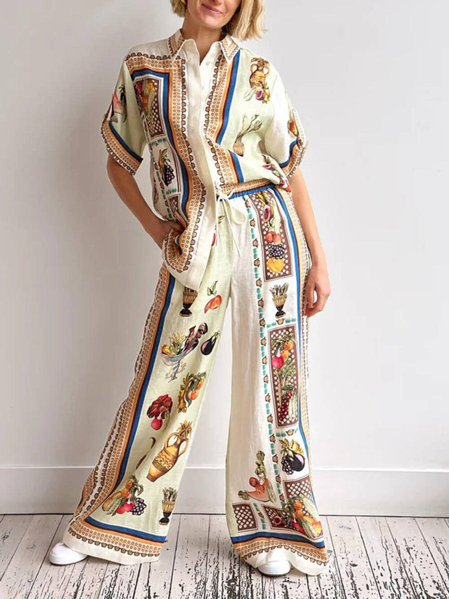 Unique Tropical Luxe Satin Fruit Print Loose Elastic Waist Wide-Leg Pa ...