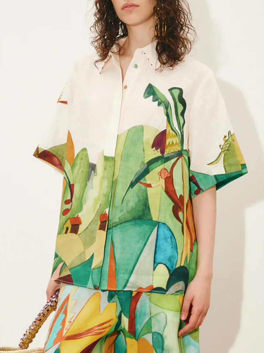 Unique Modern Linen Abstract Print Button-Up Shirt And Loose Wide-Leg ...